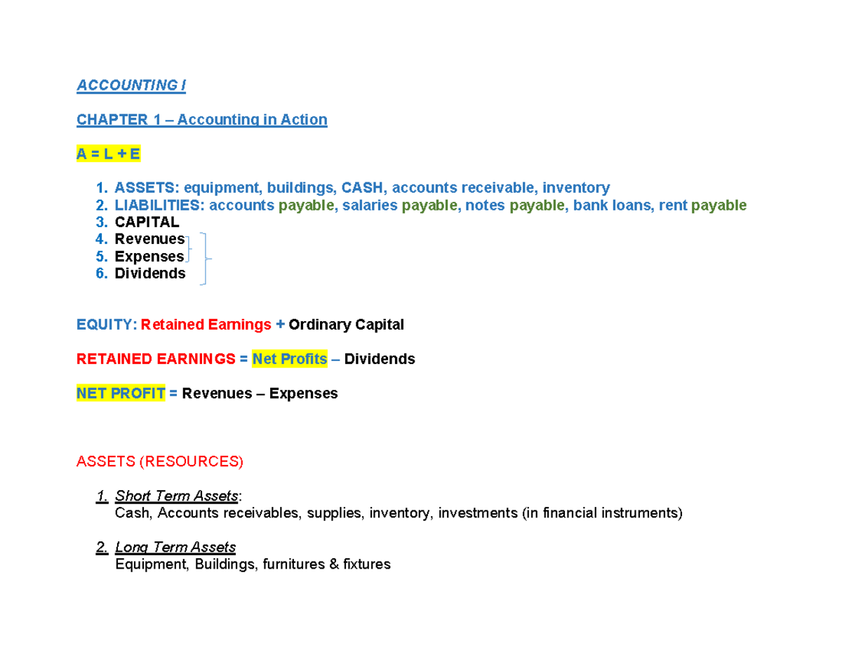 ACCOUNTING I CHAPTER 1: Financial Statements & Transactions Analysis ...