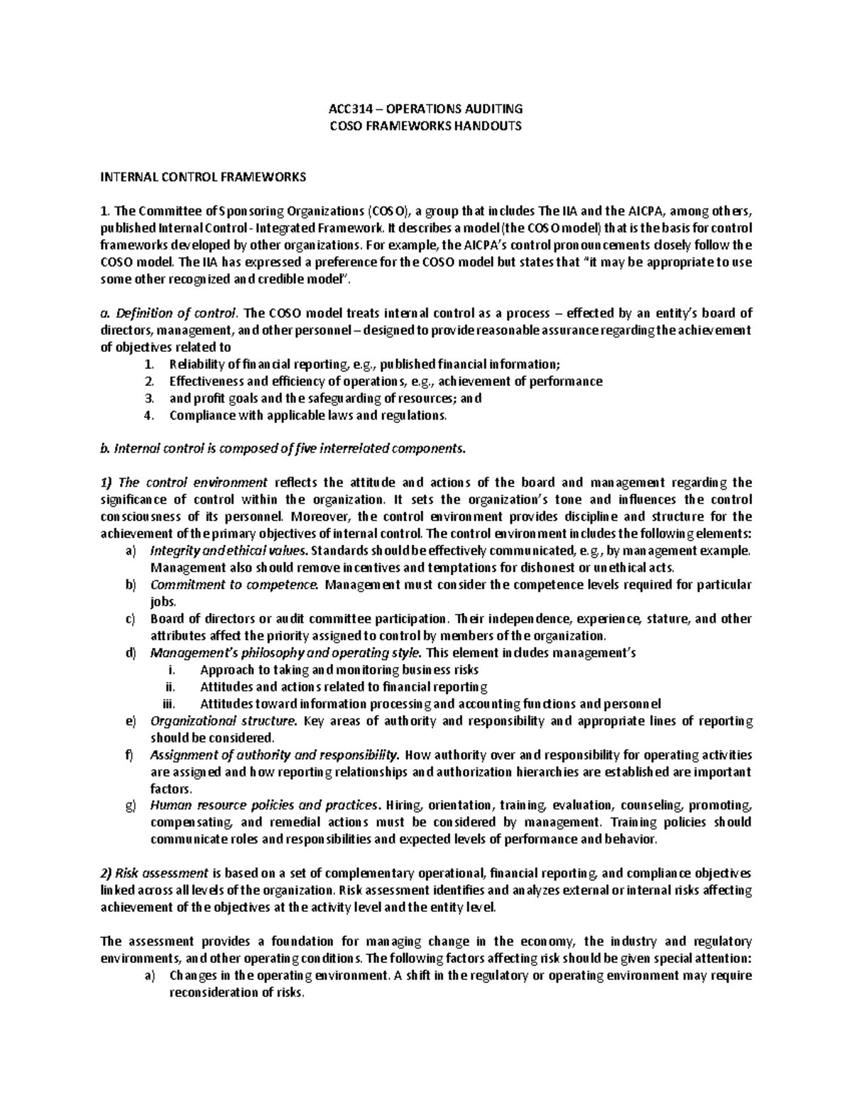 ACC314 COSO Frameworks & Internal Control Overview Handouts - Studocu