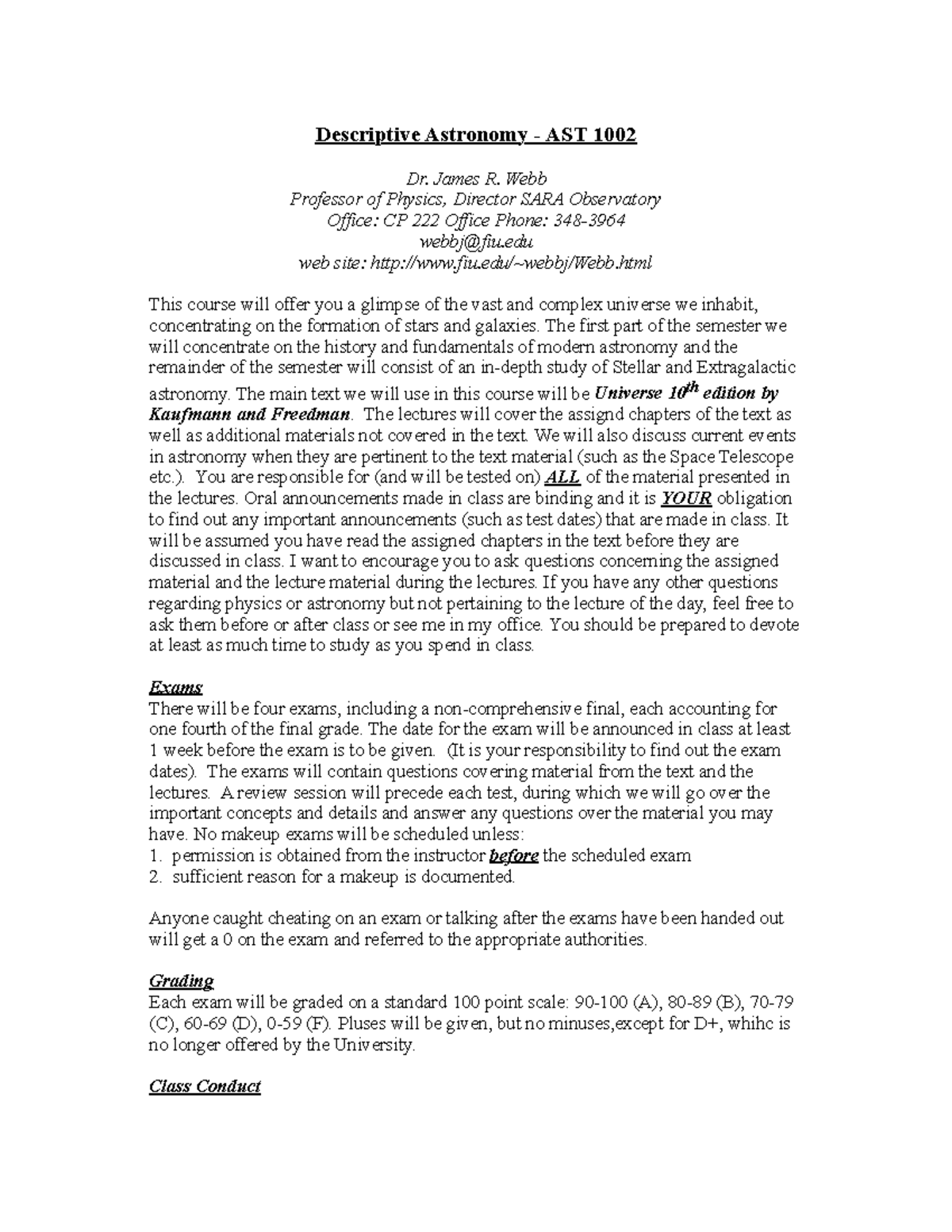 Descriptive Astronomy - AST 1002 - James R. Webb Professor of Physics ...