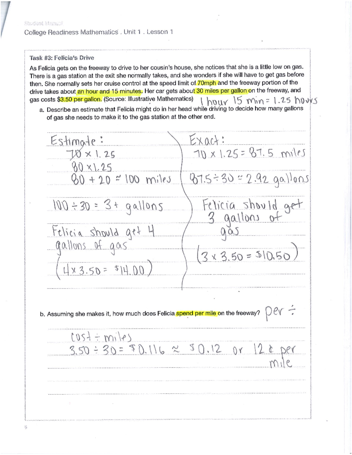 Unit 1 task 3 key - math - Student Manual College Readiness Mathematics ...