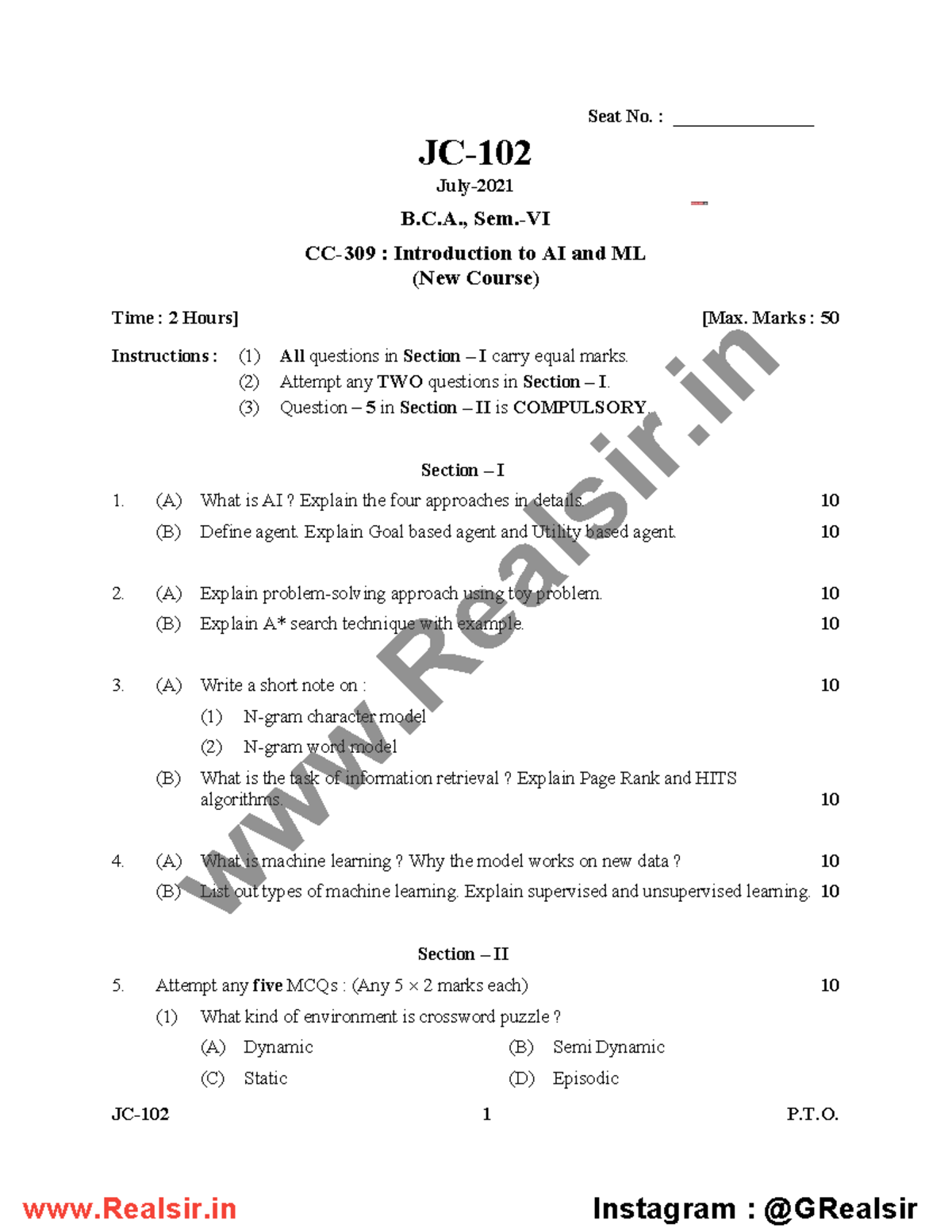 JC-102: AI & ML - Exam Paper for Sem VI (CC-309) - Studocu