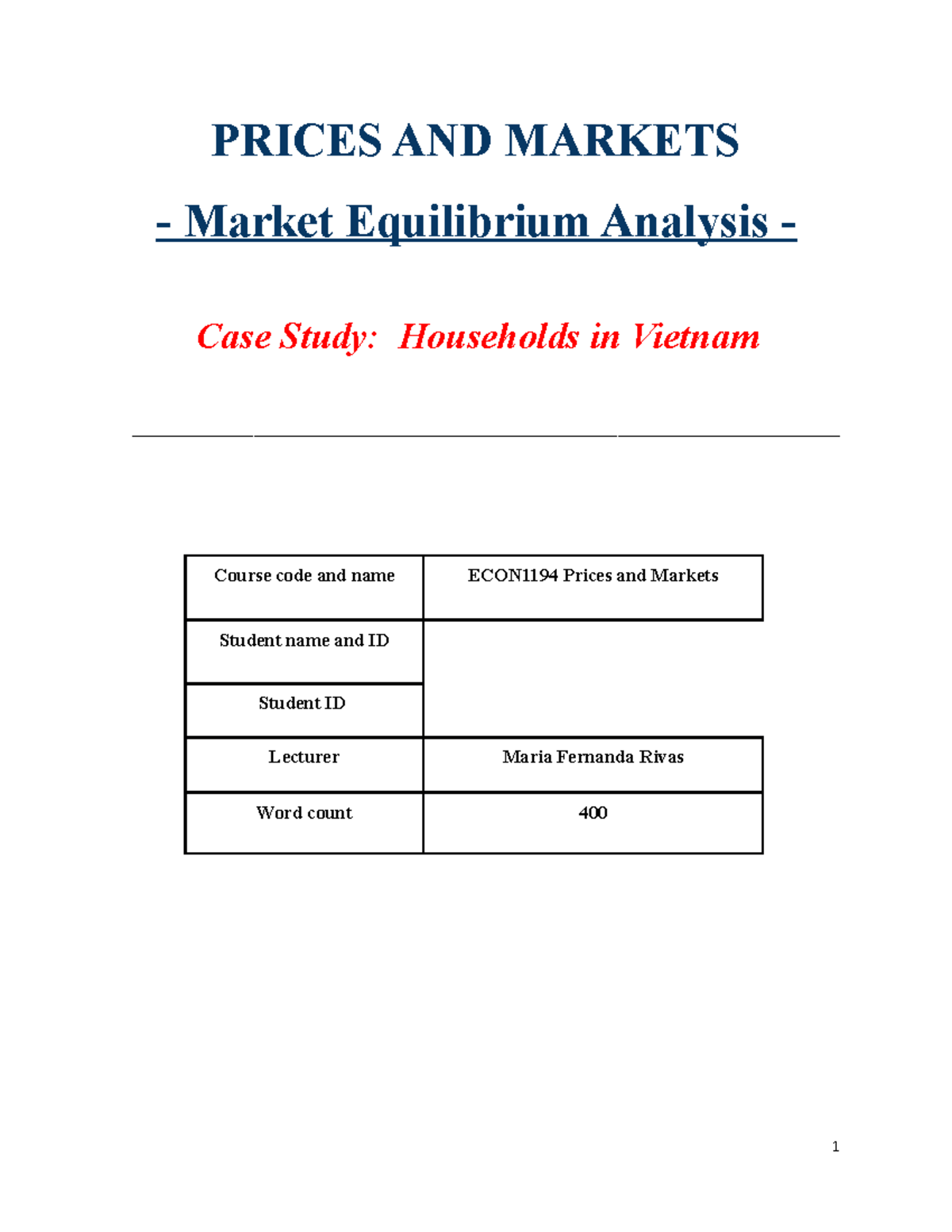 Assignment 1 ECON1194 - ACCT-3 - PRICES AND MARKETS - Market ...