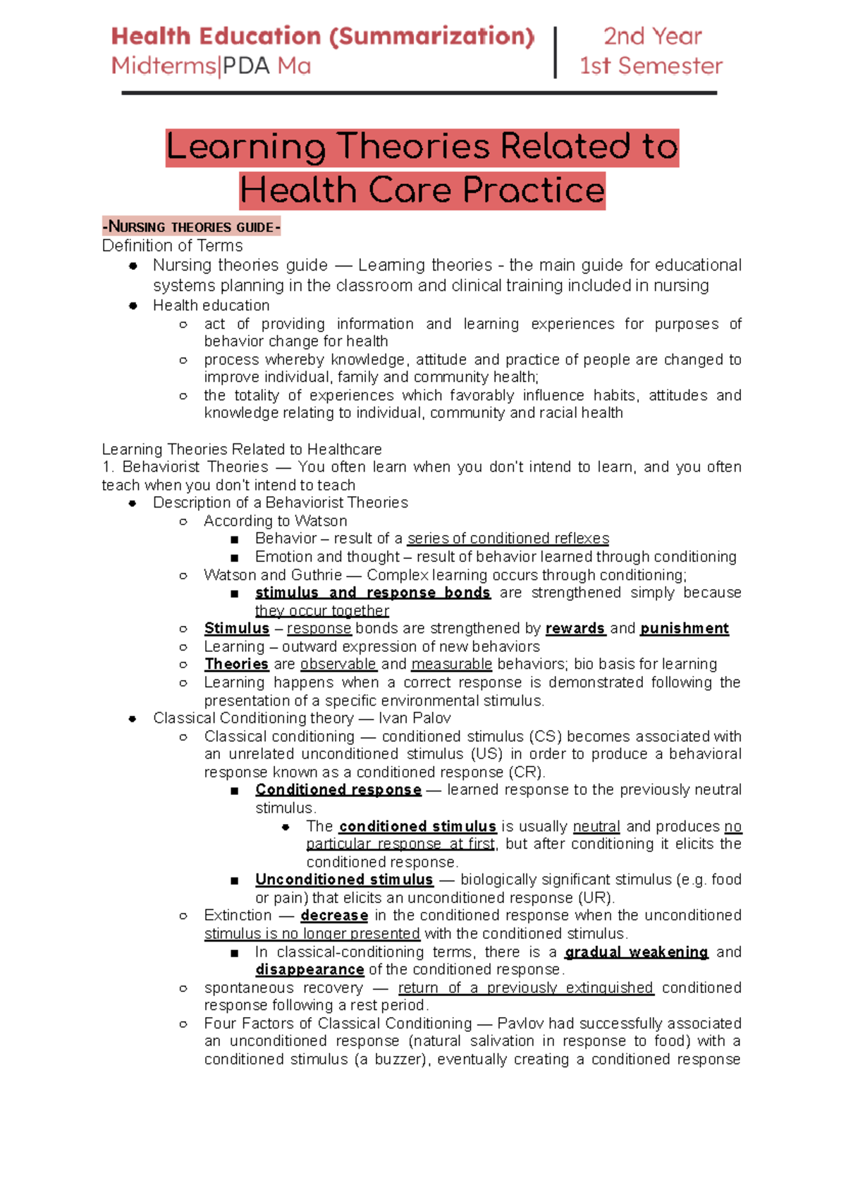 Health Education - Midterms - Learning Theories Related to Health Care ...