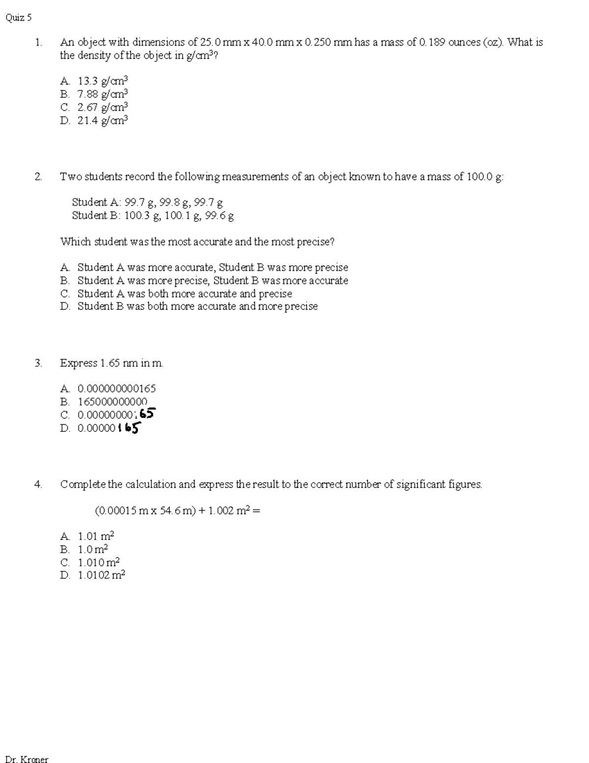 Quiz 5: Density & Accuracy Problems - Dr. Kroner - Studocu