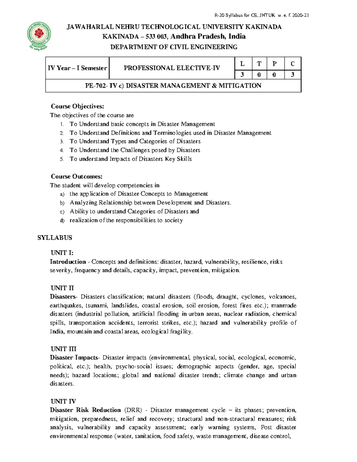 Disaster Management Syllabus for CE, JNTUK - IV Year I Sem - Studocu