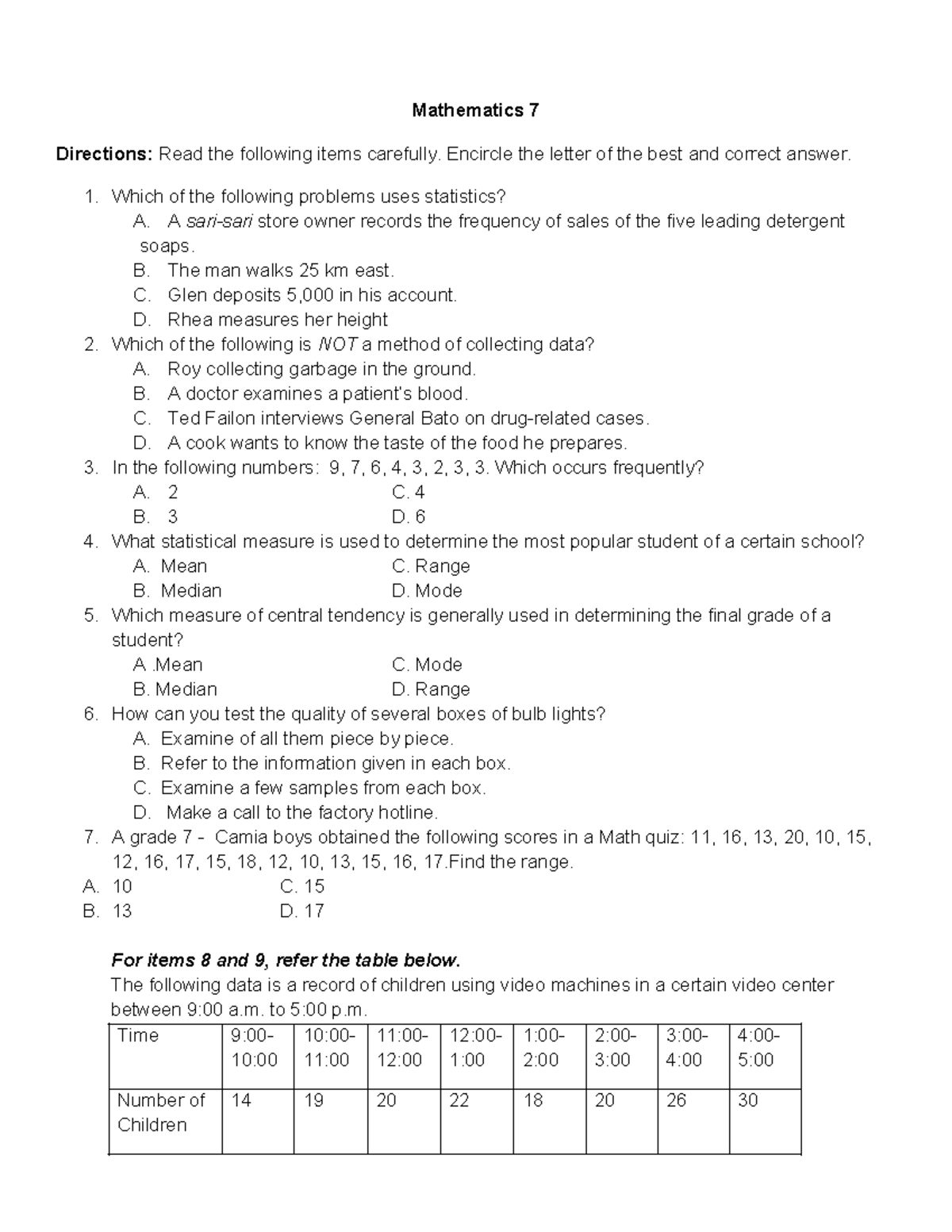 Mathematics 7 Summative Assessment: Statistics & Data Analysis - Studocu
