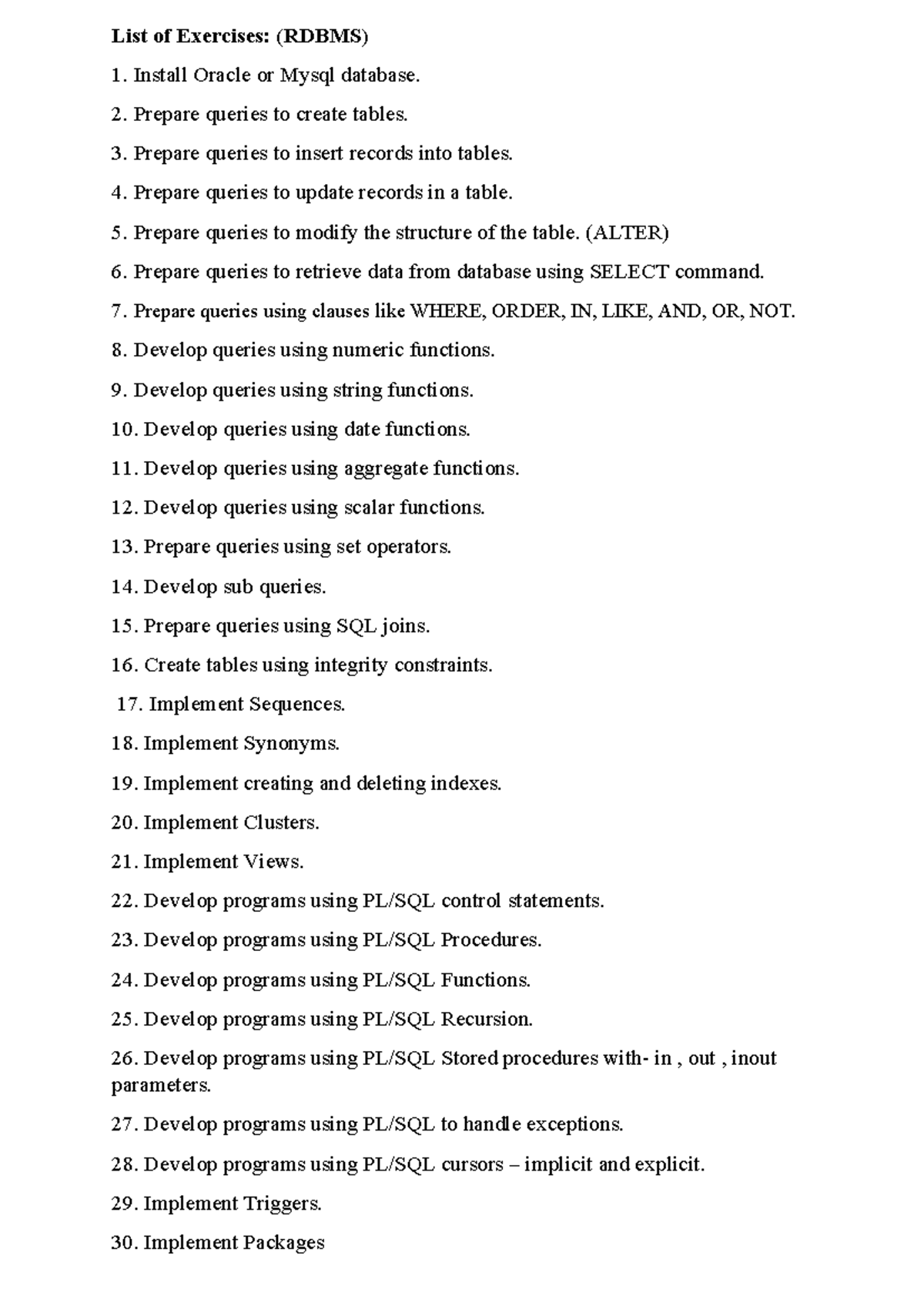 RDBMS Exercises for DBMS Lab: Queries, Functions, and More - Studocu