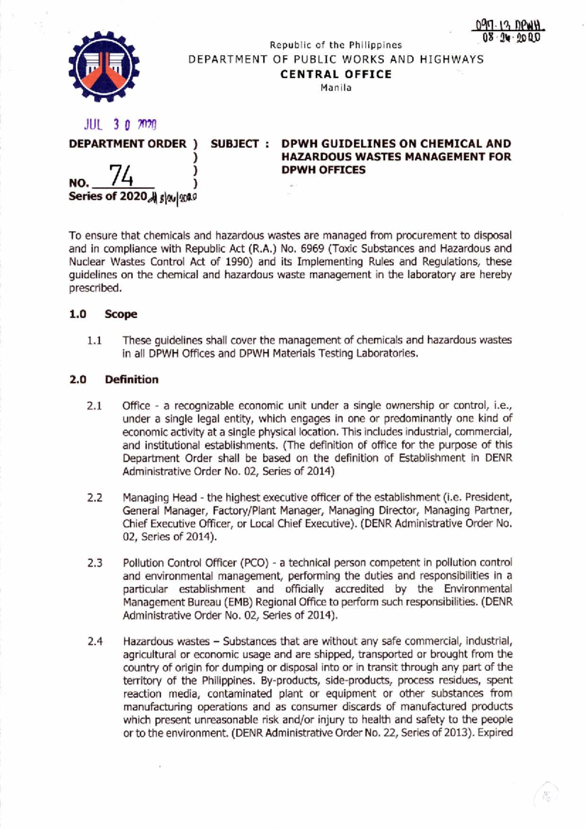 DO 74 s2020 - DPWH Guidelines on Chemical & Hazardous Waste Management ...