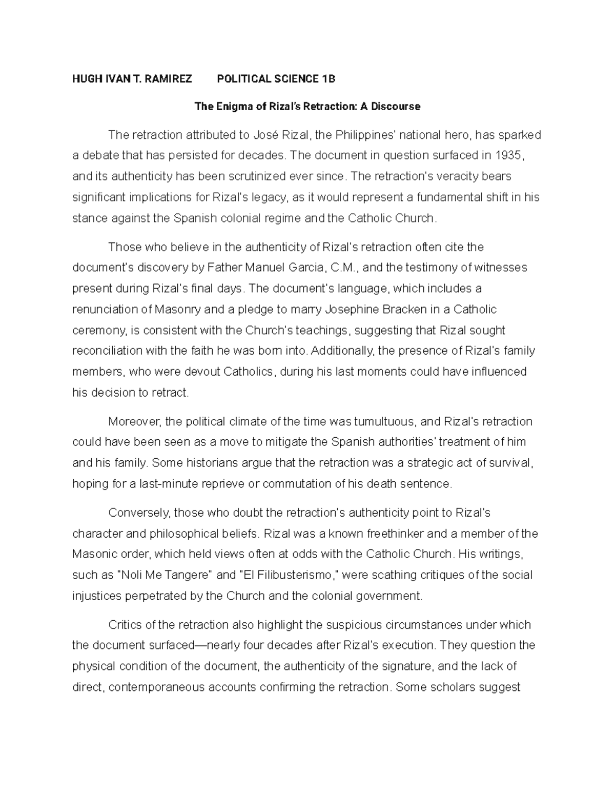POL SCI 1B Essay: The Enigma of Rizal’s Retraction - Studocu