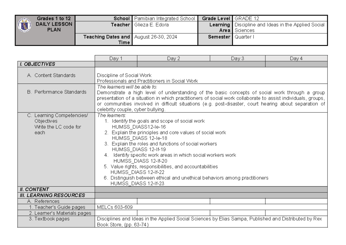 DIASS G12 Q1 WEEK 5 DAILY LESSON PLAN - Social Work Concepts - Studocu