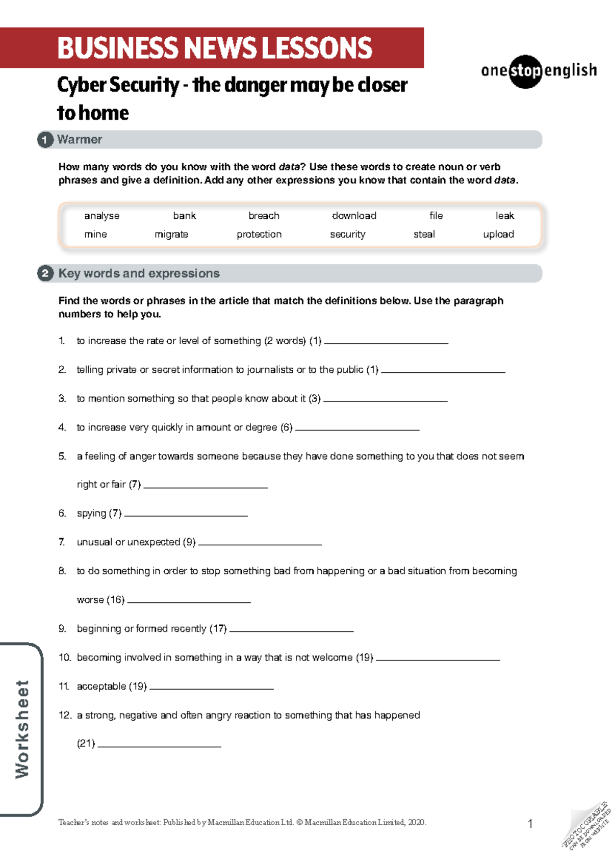 Business News Lessons: Cyber Security Advanced Worksheet EN - Studocu