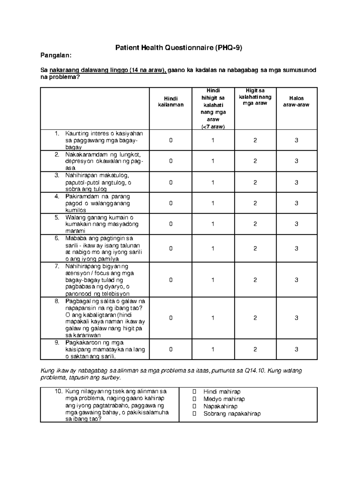 PHQ-9 Patient Health Questionnaire (Filipino) - 7s O08S9x - Studocu