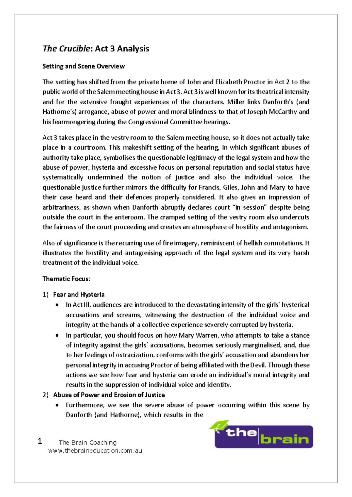 The Crucible Act 3 Analysis The Crucible Act 1 Analysis notes for ...