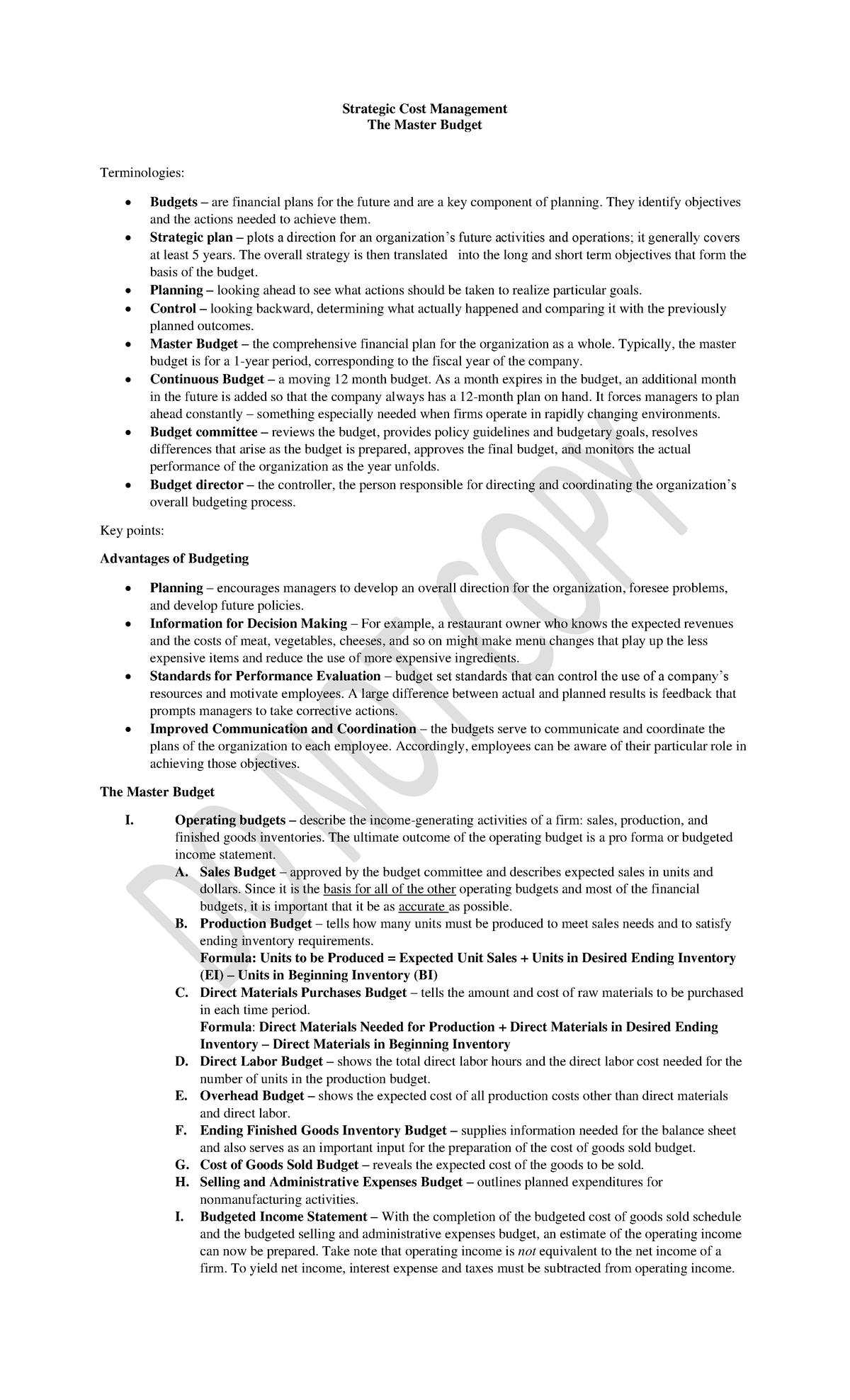 SCM 101 Master Budget and Strategic Cost Management Overview - Studocu