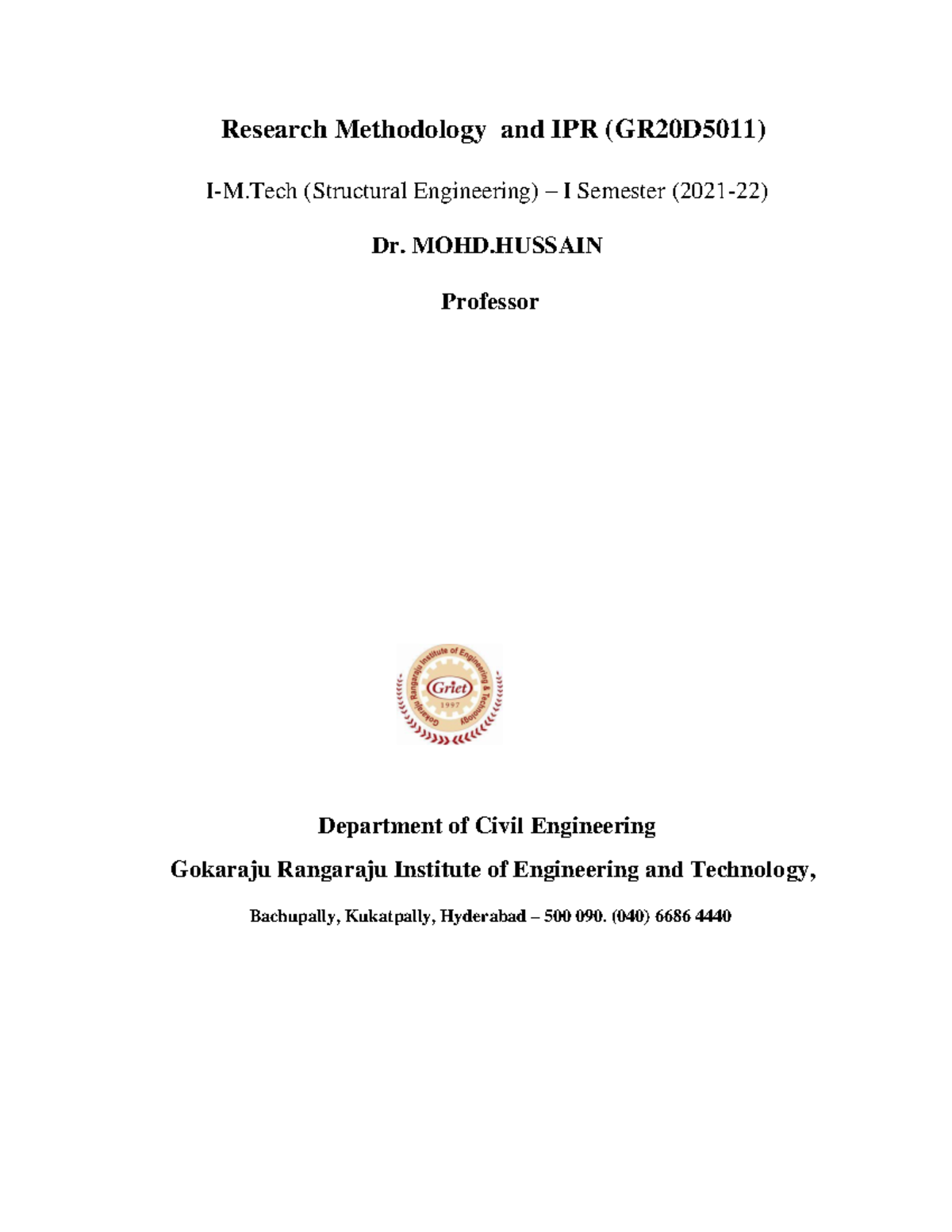 Research Methodology and IPR Course Overview (GR20D50 1 1) - Studocu