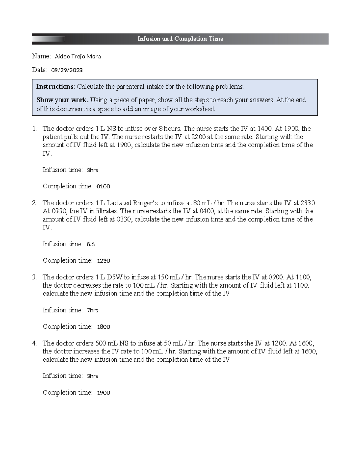 Calculating IV Infusion and Completion Times for Nursing Practice - Studocu