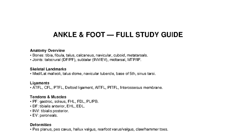 ANKLE FOOT STUDY GUIDE: Anatomy, Injuries & Management - Studocu