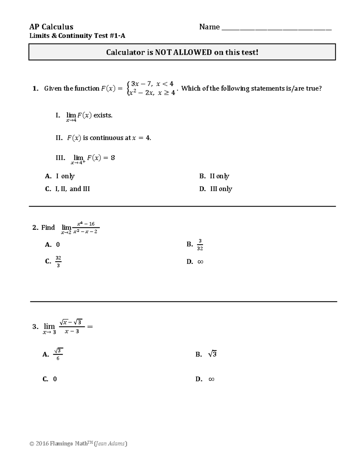Unit 1 AP Calculus Limits & Continuity Practice Test - jnm - Studocu
