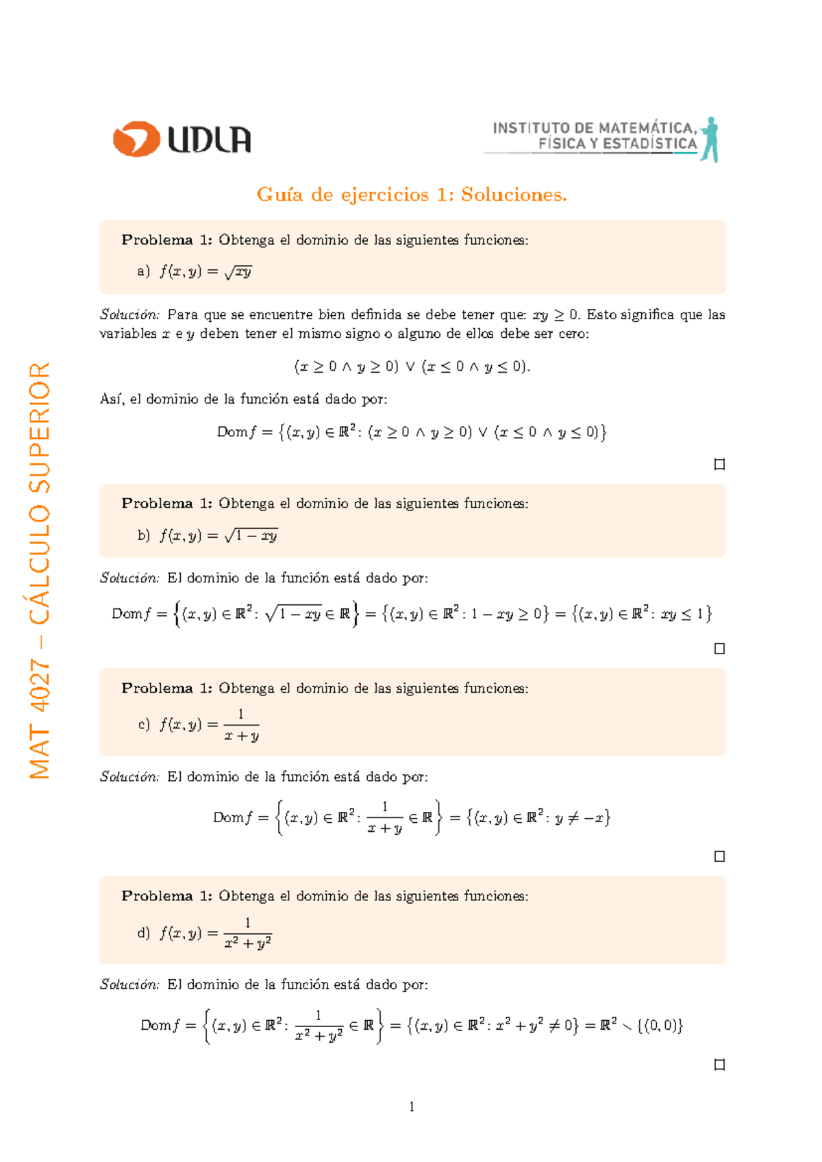 Calculo Superior UDLA - MAT 4027 – C ́ ALCULO SUPERIOR Gu ́ıa de ejercicios 1: Soluciones ...
