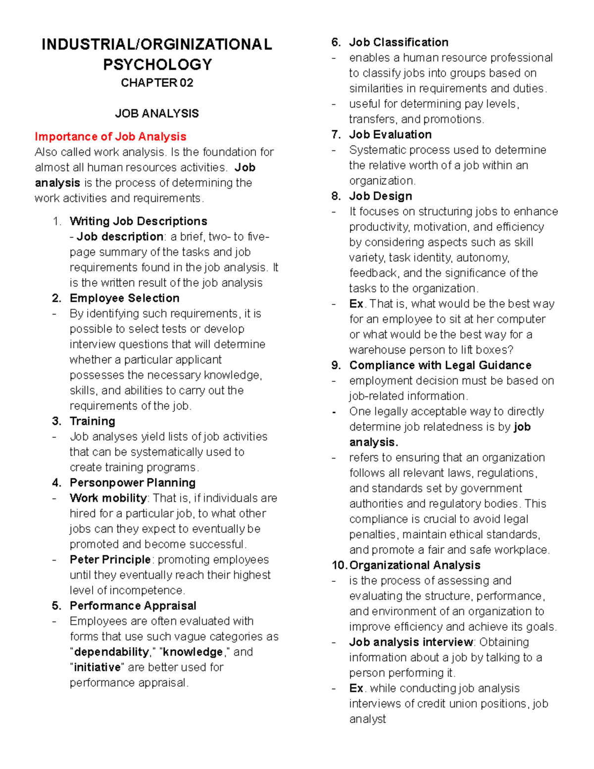 I/O Psychology Chapter 02: Job Analysis and Its Importance - Studocu