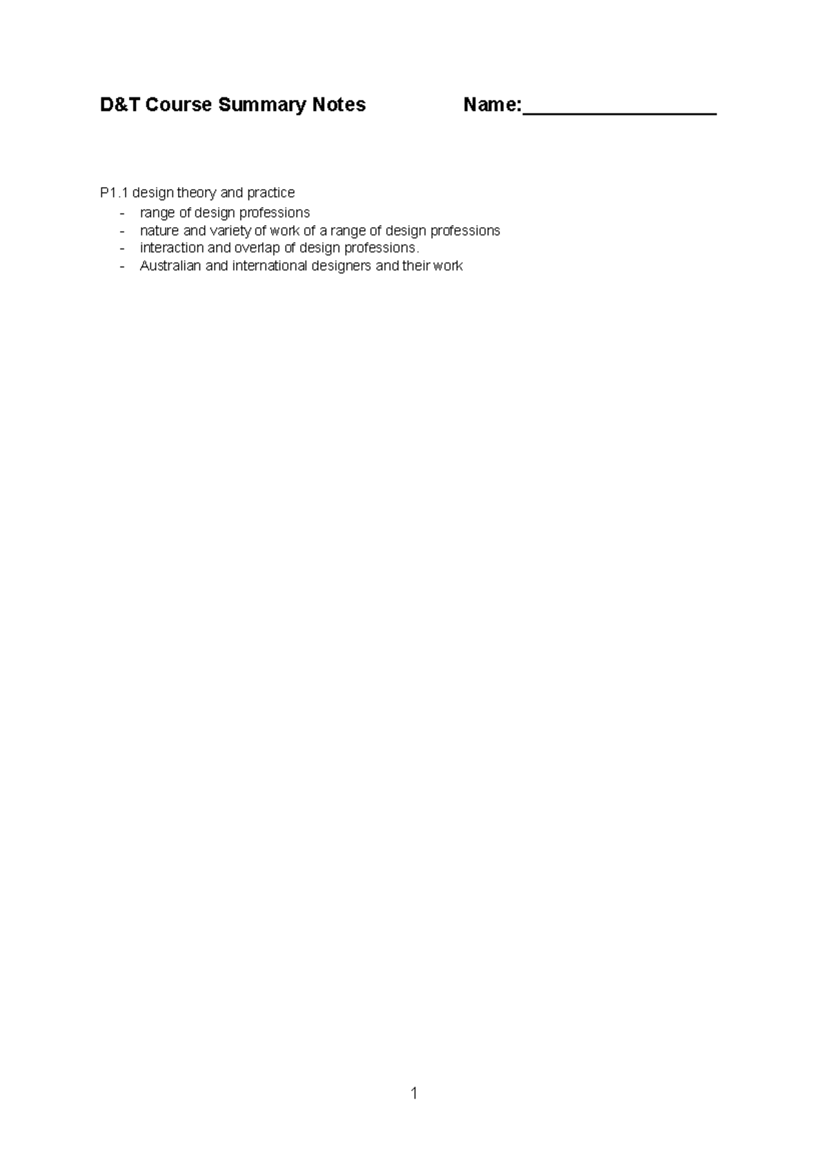 D&T Study Notes - D&T Course Summary Notes Name:__________________ P1 ...