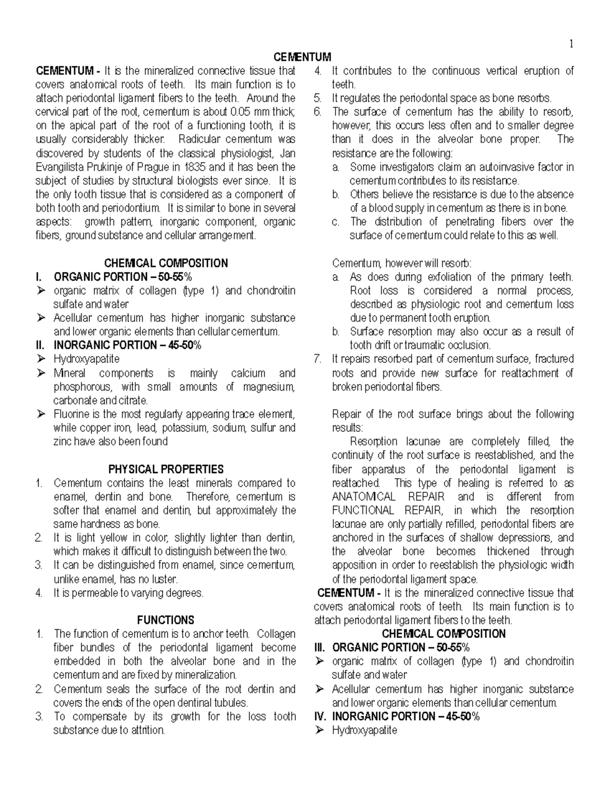Cementum: Structure, Composition, and Functions in Dentistry - Studocu