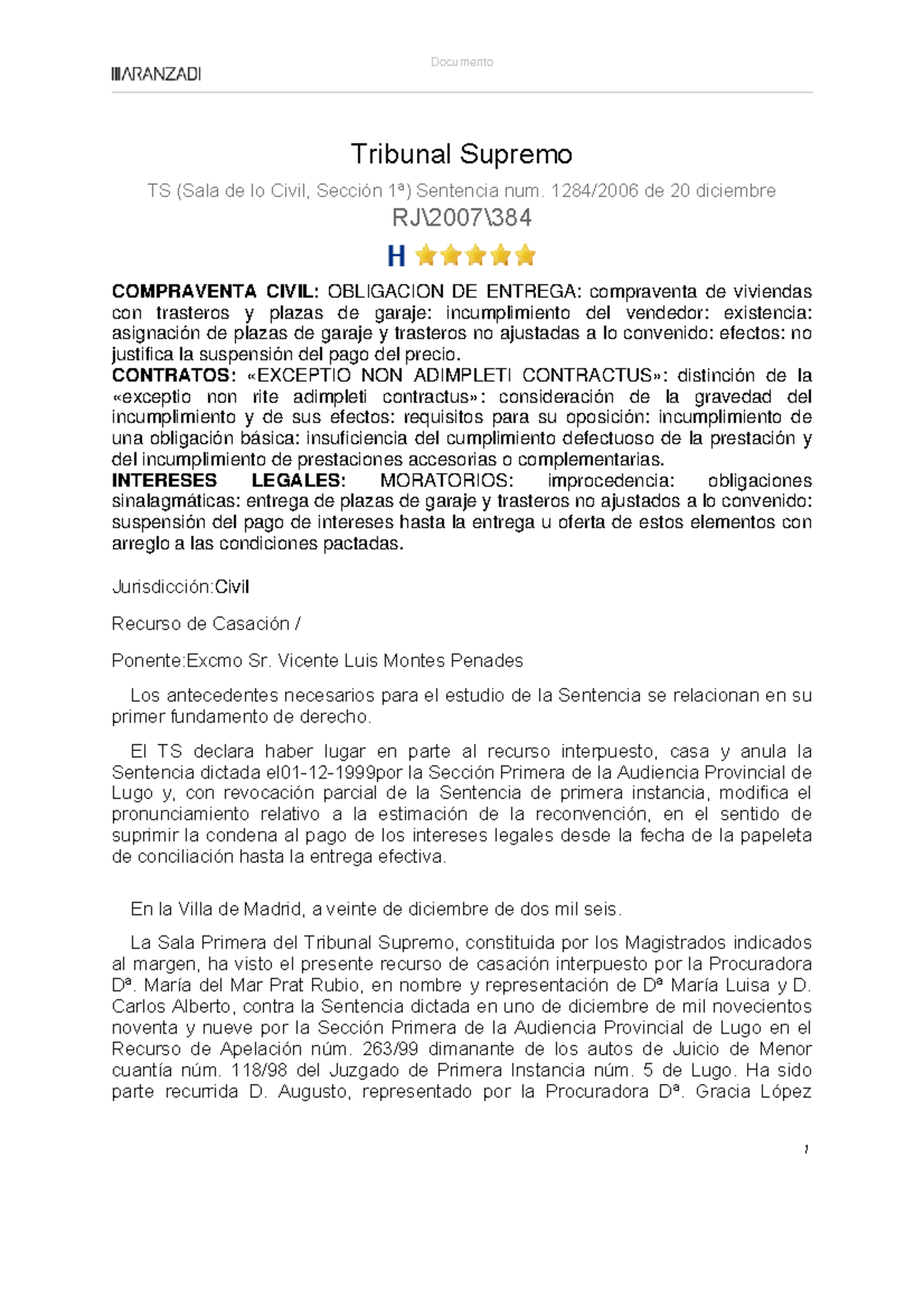 STS 1284/2006: Exceptio Non Adimpleti y Contratos Civiles Importantes ...