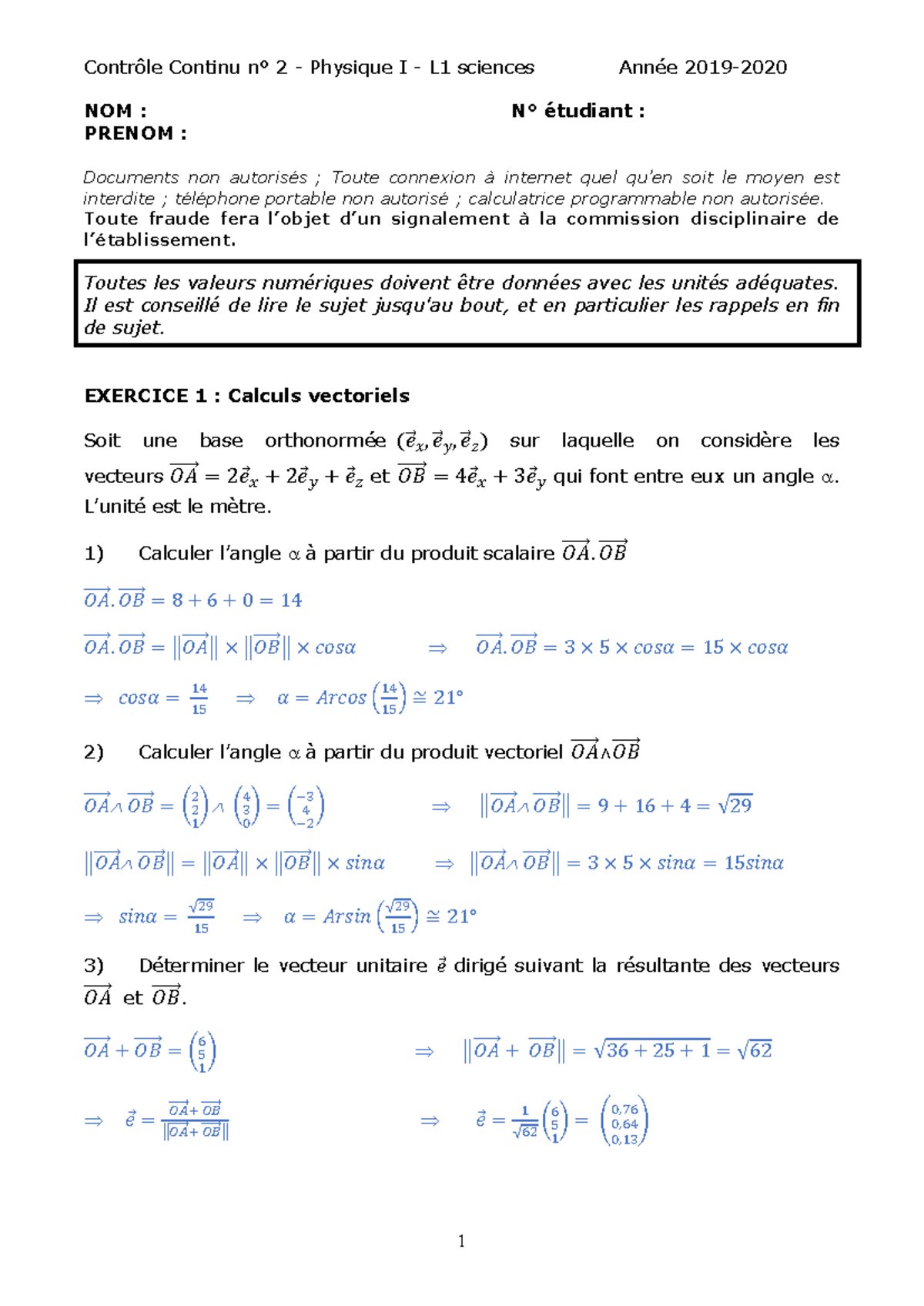 CC2 avec correction 2019-2020 - NOM : N° étudiant : PRENOM : Documents non autorisés ; Toute ...
