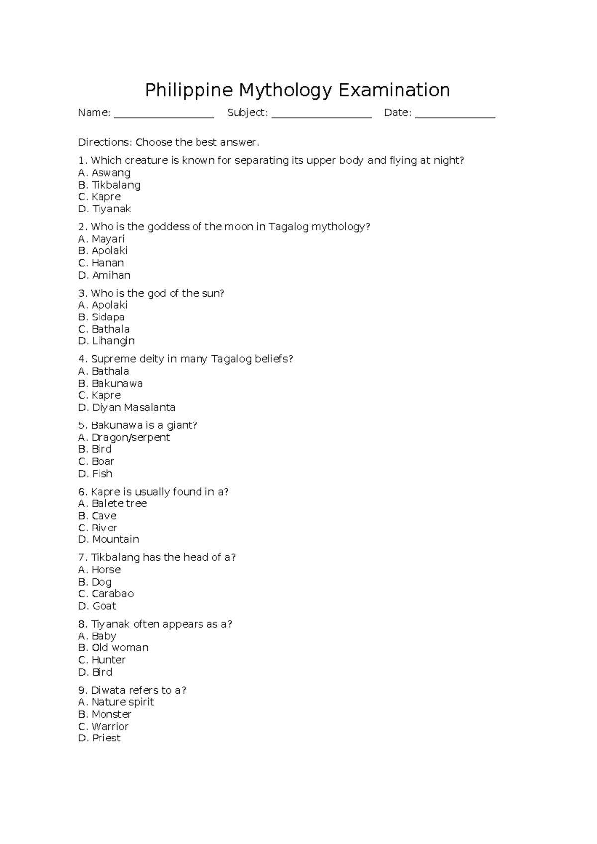 Philippine Mythology Exam (PHIL 101): Multiple Choice Questions - Studocu
