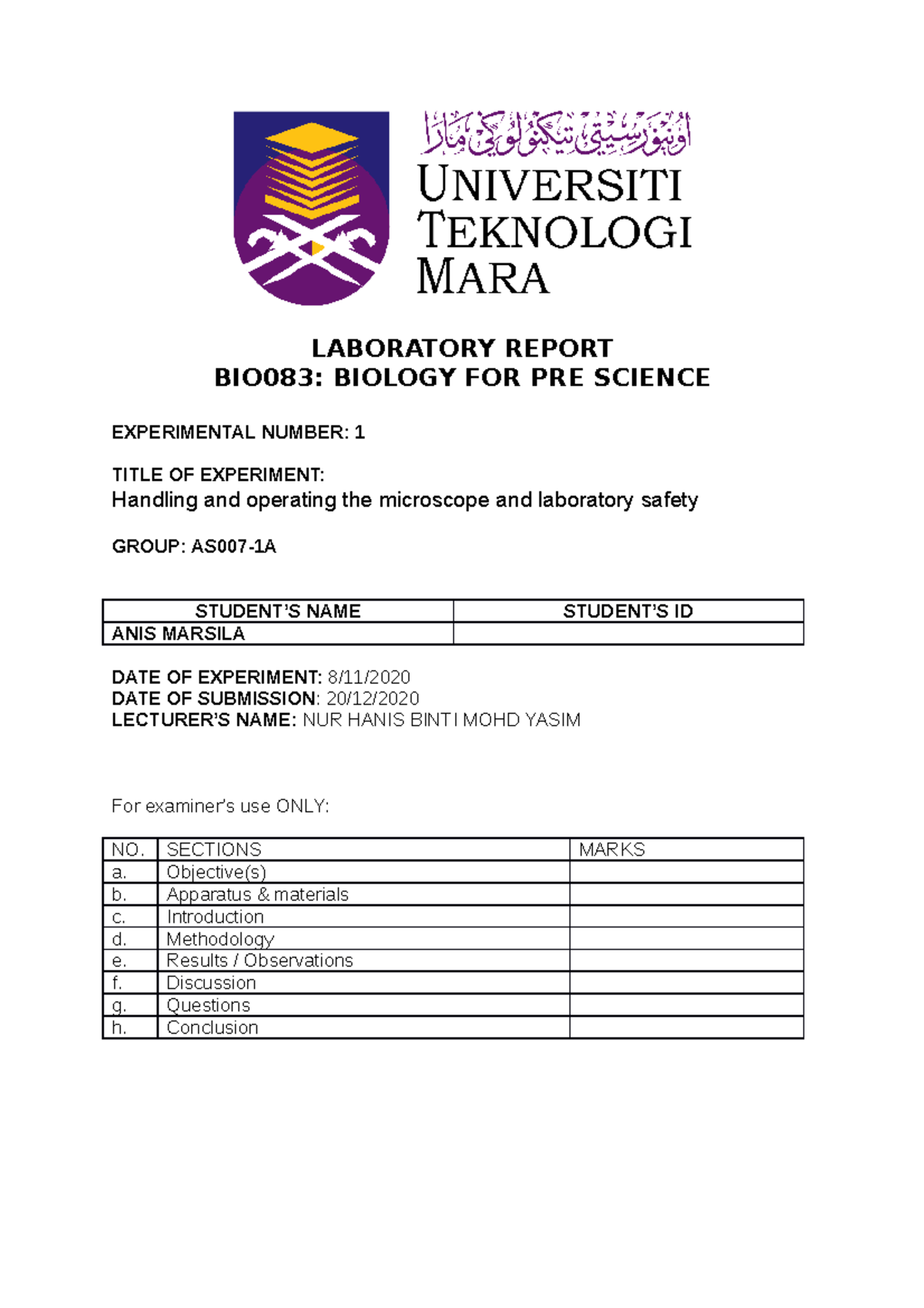 Bio083 Lab Report 1: Microscope Handling & Safety Procedures - Studocu