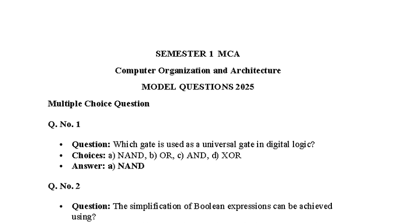 Semester 1 MCA COA Model Questions on Computer Organization ...