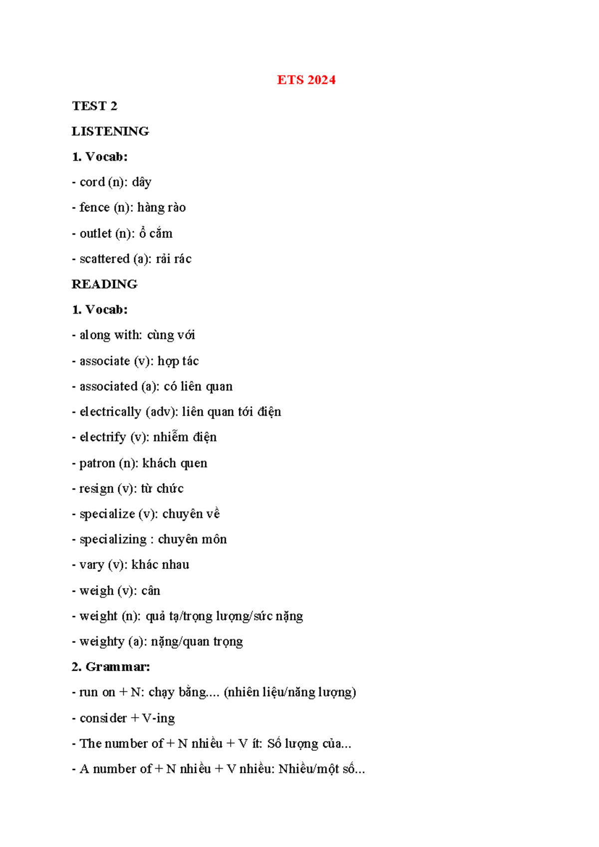 ETS 2024 TOEIC TEST 2 & 3 Listening and Reading Vocabulary - Studocu