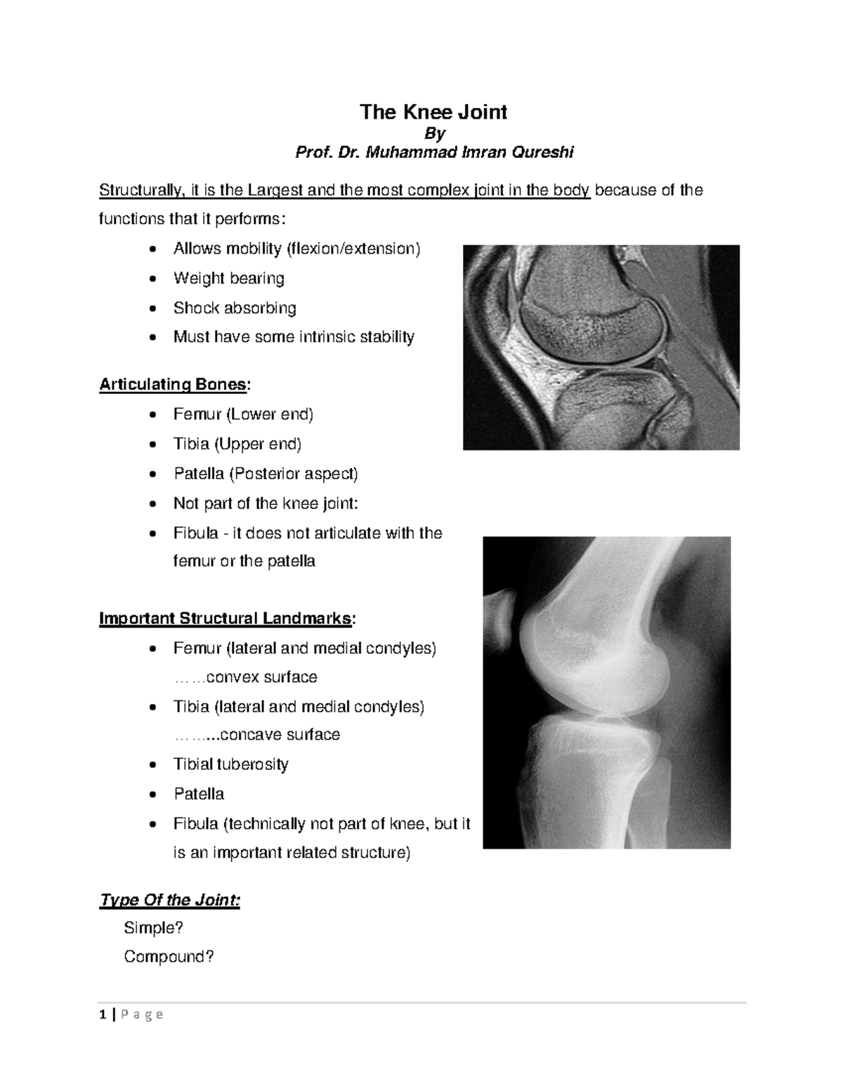 The Knee Joint 1 - Comprehensive Notes on Anatomy and Function - Studocu