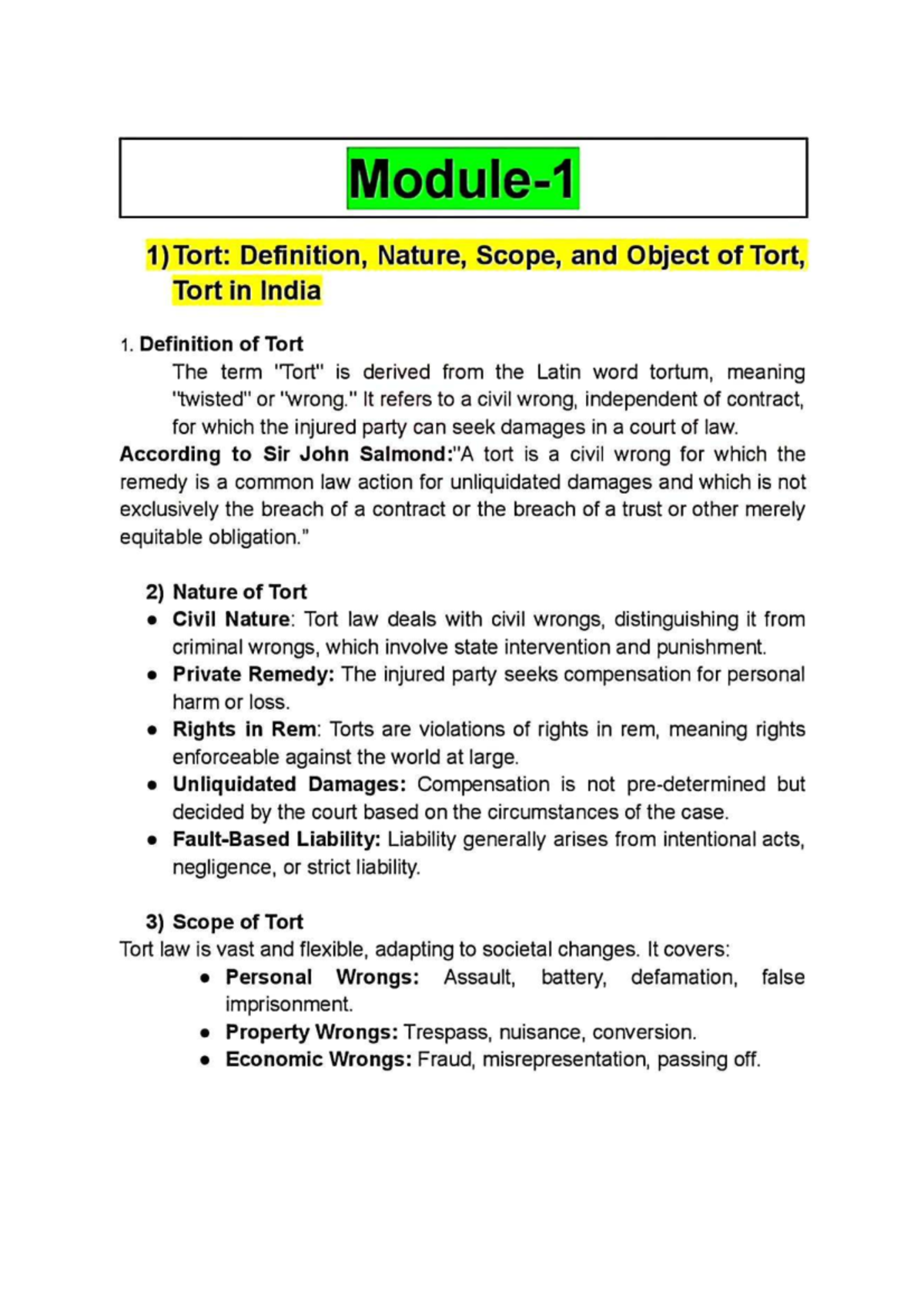 Law of Torts: Definition, Nature, and Scope - Module 1 & 2 - Studocu