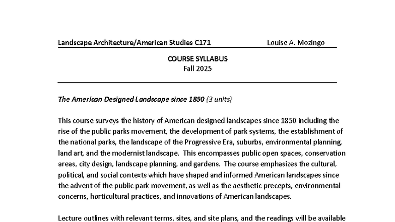 Landscape Studies C171: Syllabus for Fall 2025 - American Designed ...
