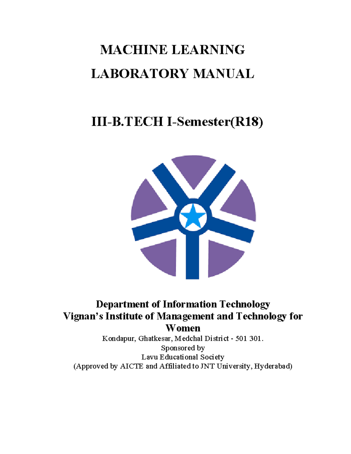 Machine Learning Lab Manual - VMTW (I-Sem, R18) - Studocu