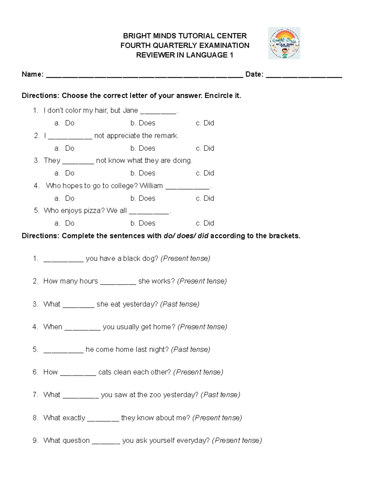 BRIGHT MINDS TUTORIAL CENTER FOURTH QUARTERLY EXAM REVIEWER IN LANGUAGE ...