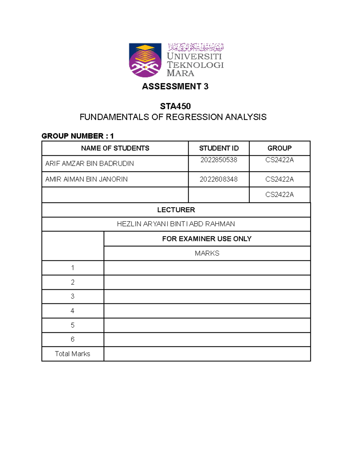 STA450 Group 2 Assignment on Regression Analysis - CS2422A - Studocu
