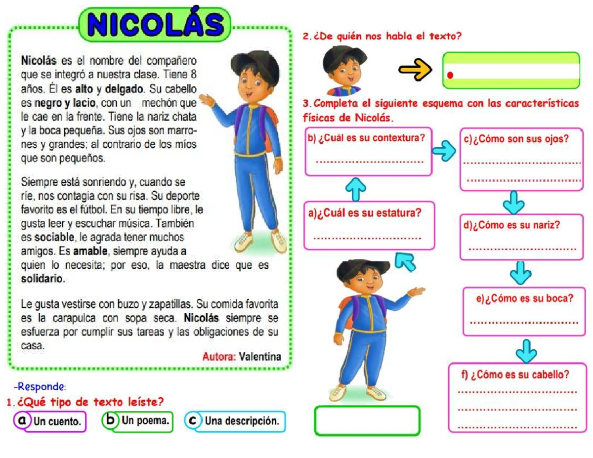 2do U2 CI Fichas Como soy yo Leemos UNA Descripcion DE Nicolas - NICOLÁS 2. iDe quién nos habla ...