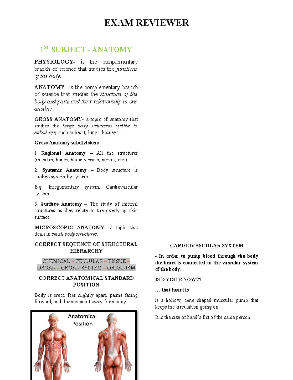 Anatomy - 1 ST SUBJECT - ANATOMY PHYSIOLOGY- is the complementary ...