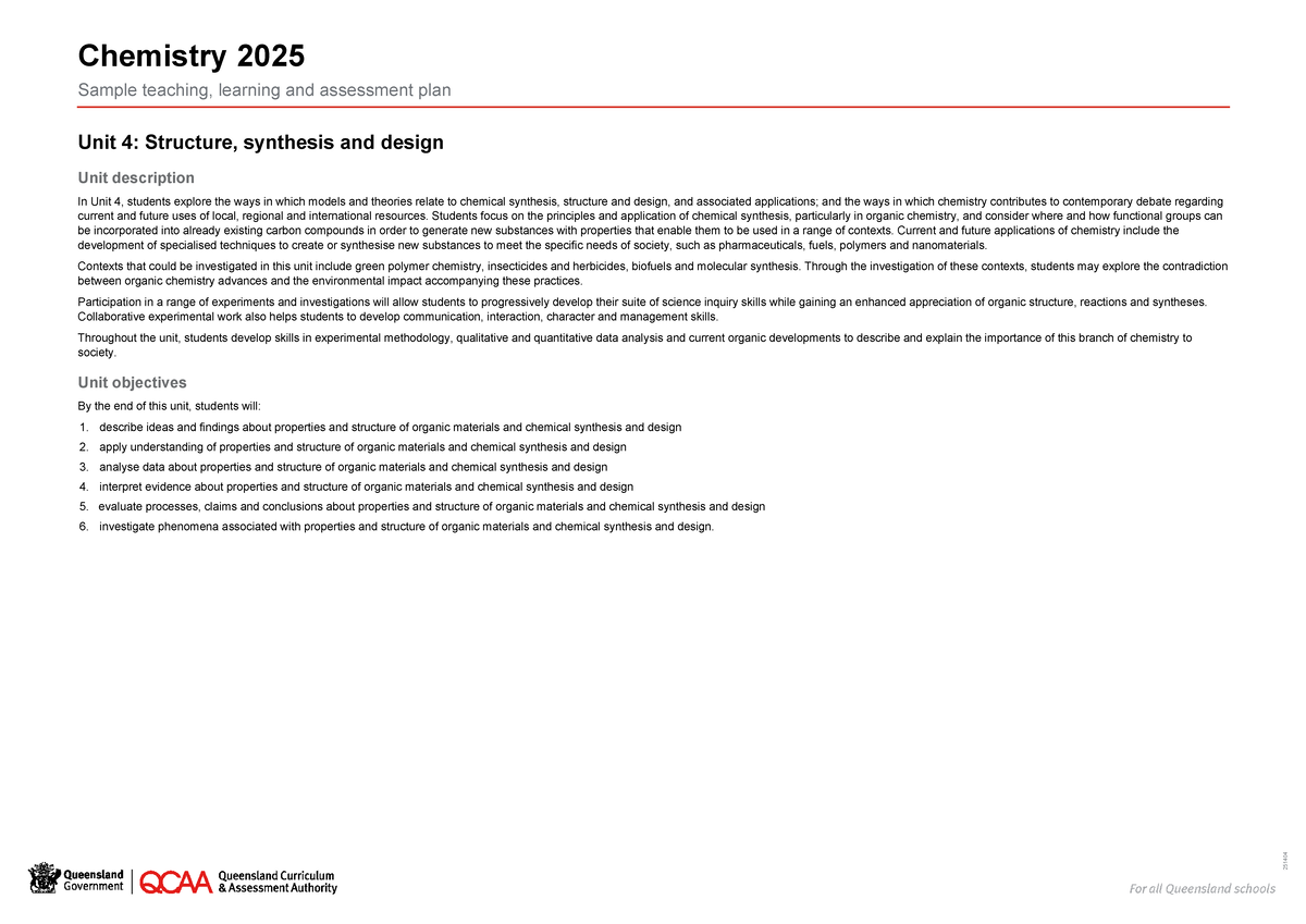 Chemistry 2025 Unit 4: Structure, Synthesis & Design Assessment Plan ...