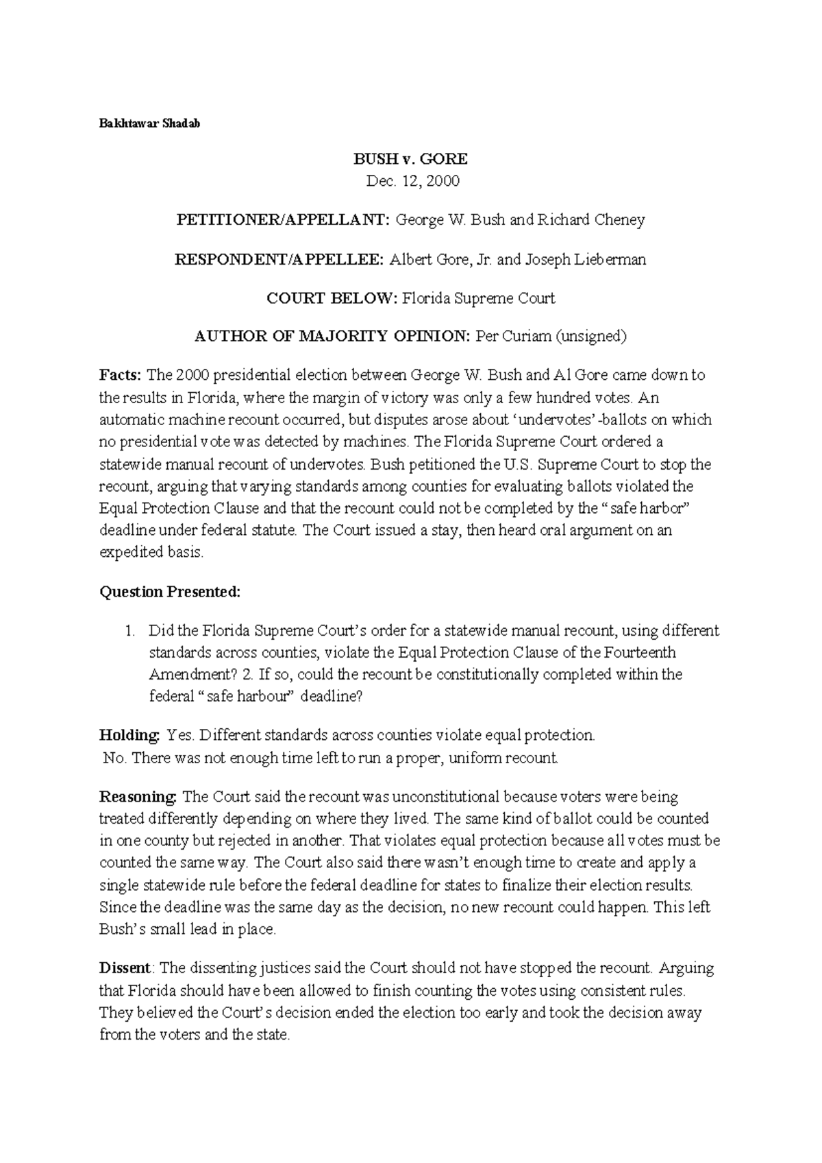 Case Brief: Bush v. Gore (2000) - Supreme Court Decision Analysis - Studocu