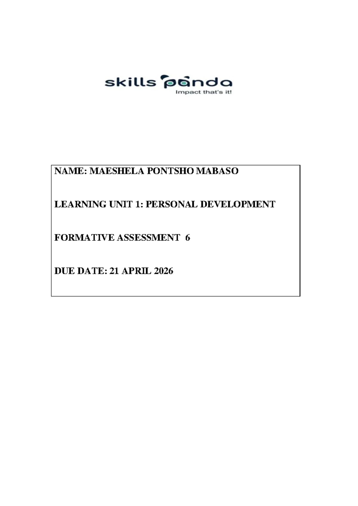 LU1: Formative Assessment 6 on Teamwork & Dynamics by Maeshela Mabaso ...
