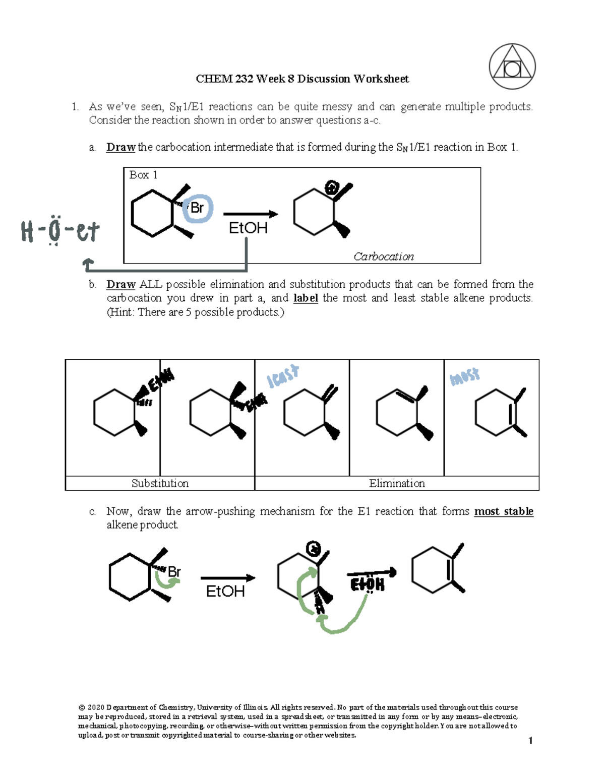 CHEM 232 Week 8 Discussion Worksheet on SN1/E1 Reactions - Studocu