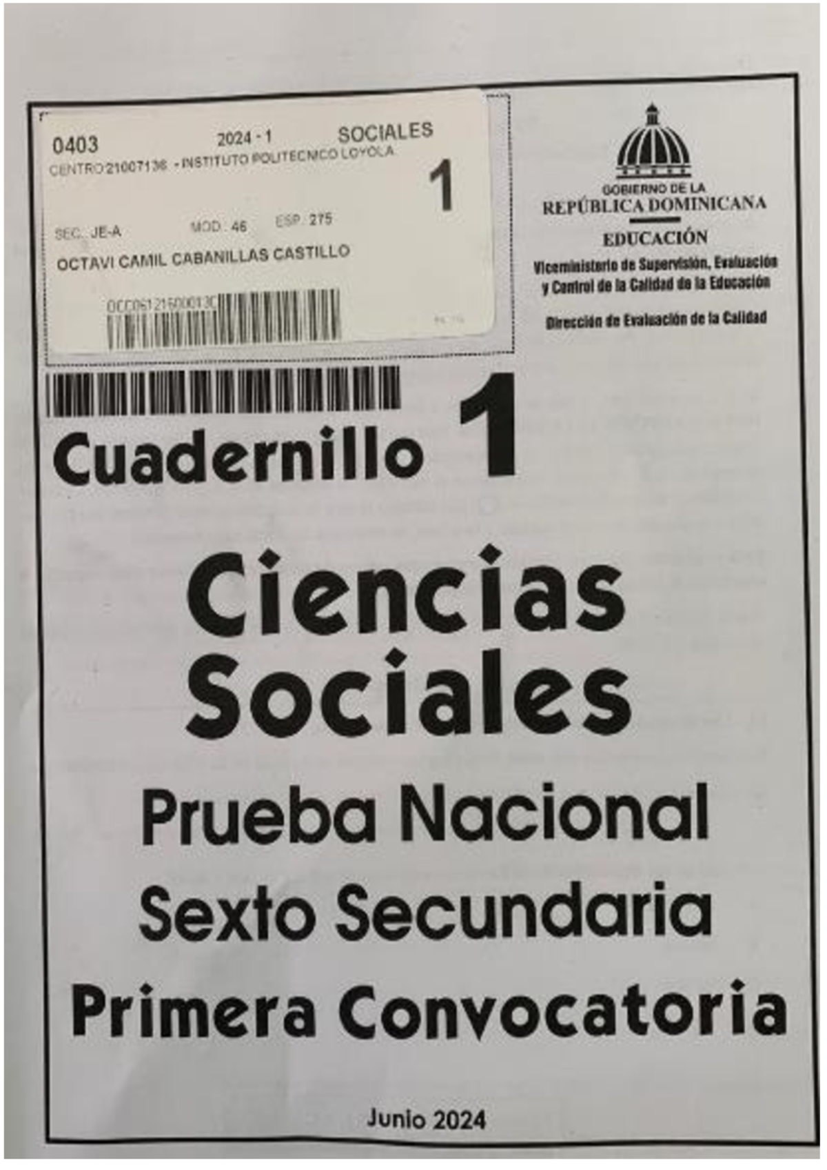 Cuadernillo 1 Ciencias Sociales Sexto Secundaria - Prueba Nacional 2024 - Studocu