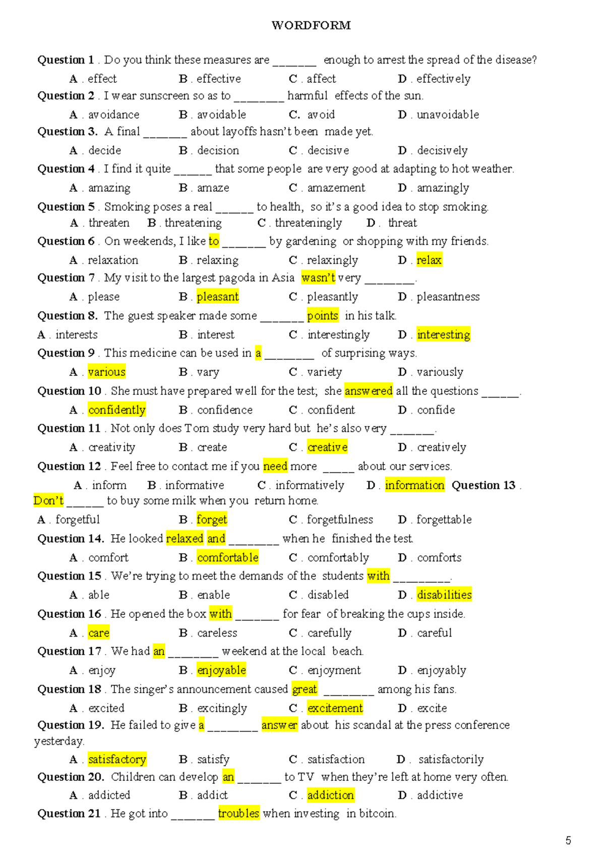 WORDFORM Quiz - Vocabulary and Language Usage Questions - Studocu