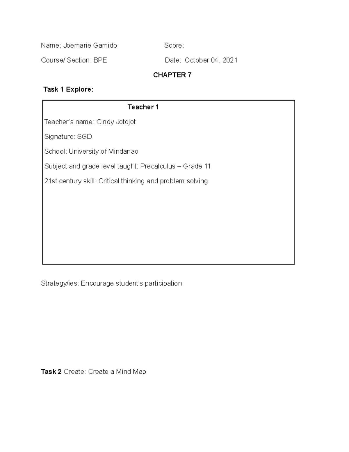 Chapter 7 - mathematics - Name: Joemarie Gamido Score: Course/ Section ...