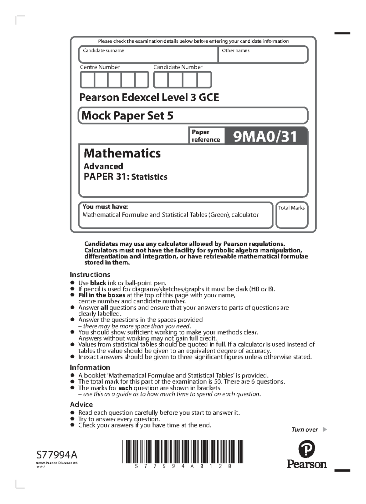 0s5 9MA0-31 Statistics - Mock Exam Paper Set 5 - Studocu