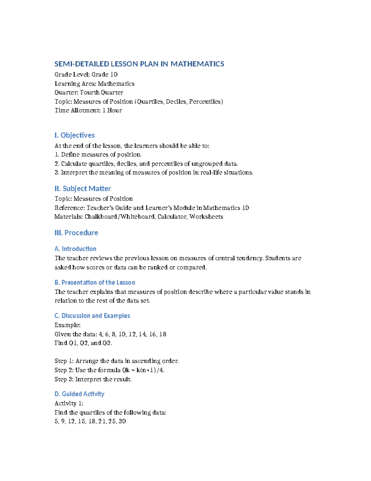 Mathematics 10 Lesson Plan: Measures of Position (Quartiles, Deciles ...