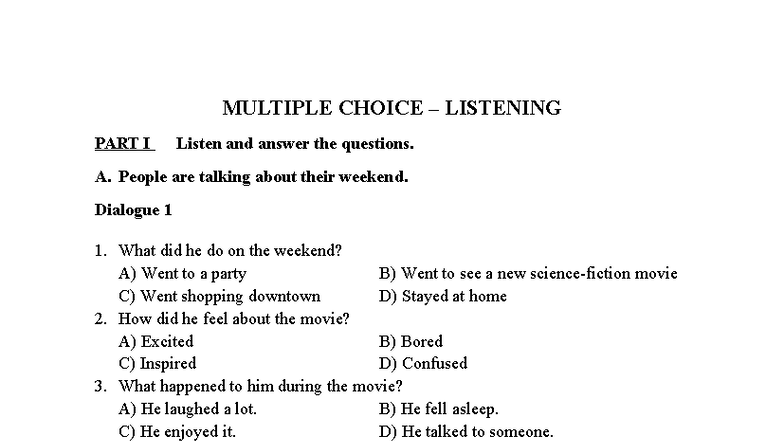 [ENG 101] Multiple Choice Listening Practice - Part I - Studocu